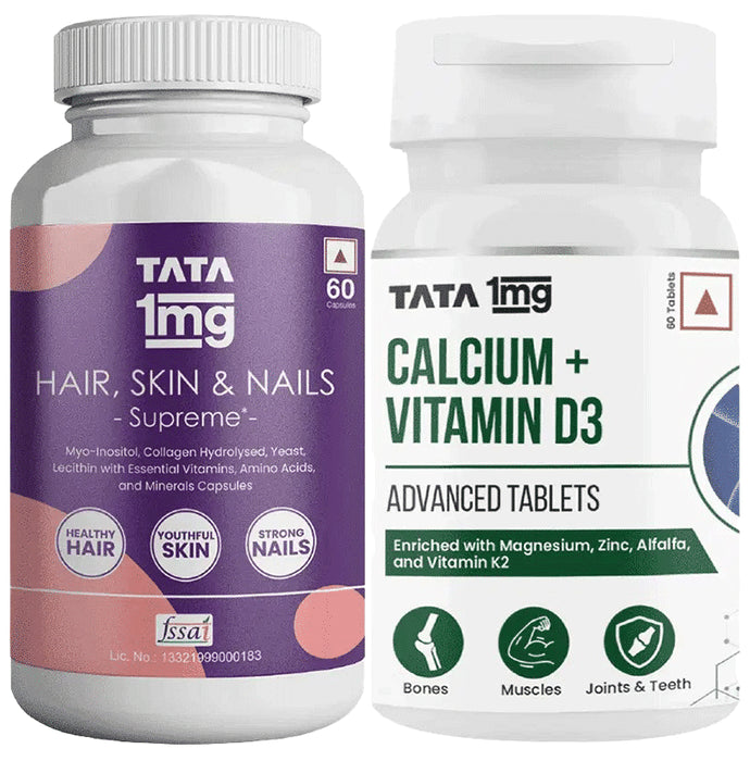 Buy Combo Pack of Tata 1mg Calcium + Vitamin D3 Advanced Tablets & Hair ...