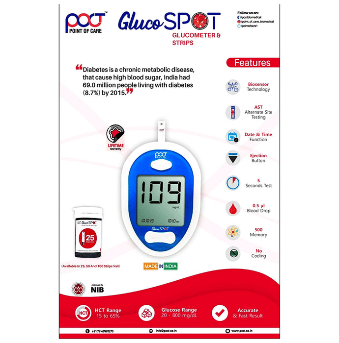 Buy POCT GlucoSPOT Glucometer with 25 Test Strip | Classic Derma ...